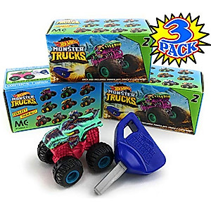 Hot Wheels Monster Trucks Mini Mystery Trucks with Key Launcher (Assorted Series) Blind Box Gift Set Party Bundle - 3 Pack