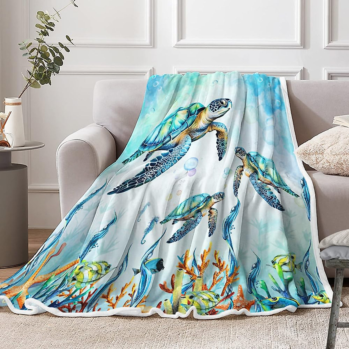 Turtle Blanket Sea Animal Starfish Throw Blanket Kids Blankets Throws Sea Turtle Gifts for Women Boys Girls Aqua Teal Blue Super Soft Cozy Flannel Throw Blanket for Couch Sofa Bed 50"x 60"