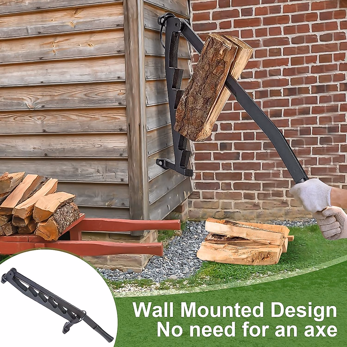 ABX Kindling Splitter, Log Splitter, Wood Splitter Cutter Heavy Duty, Wall Mounted Carbon Steel Firewood Splitter, with Firewood Storage Bag*1, Storage Loop*1, Gloves*2