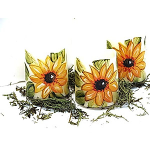 Decorative Small 1 1/2 Inch Off White Plastic Battery Operated Flameless Flickering Flame Votive Candles Set of Three with Hand Painted Sunflowers Boho Decor Goddess Arts Collection