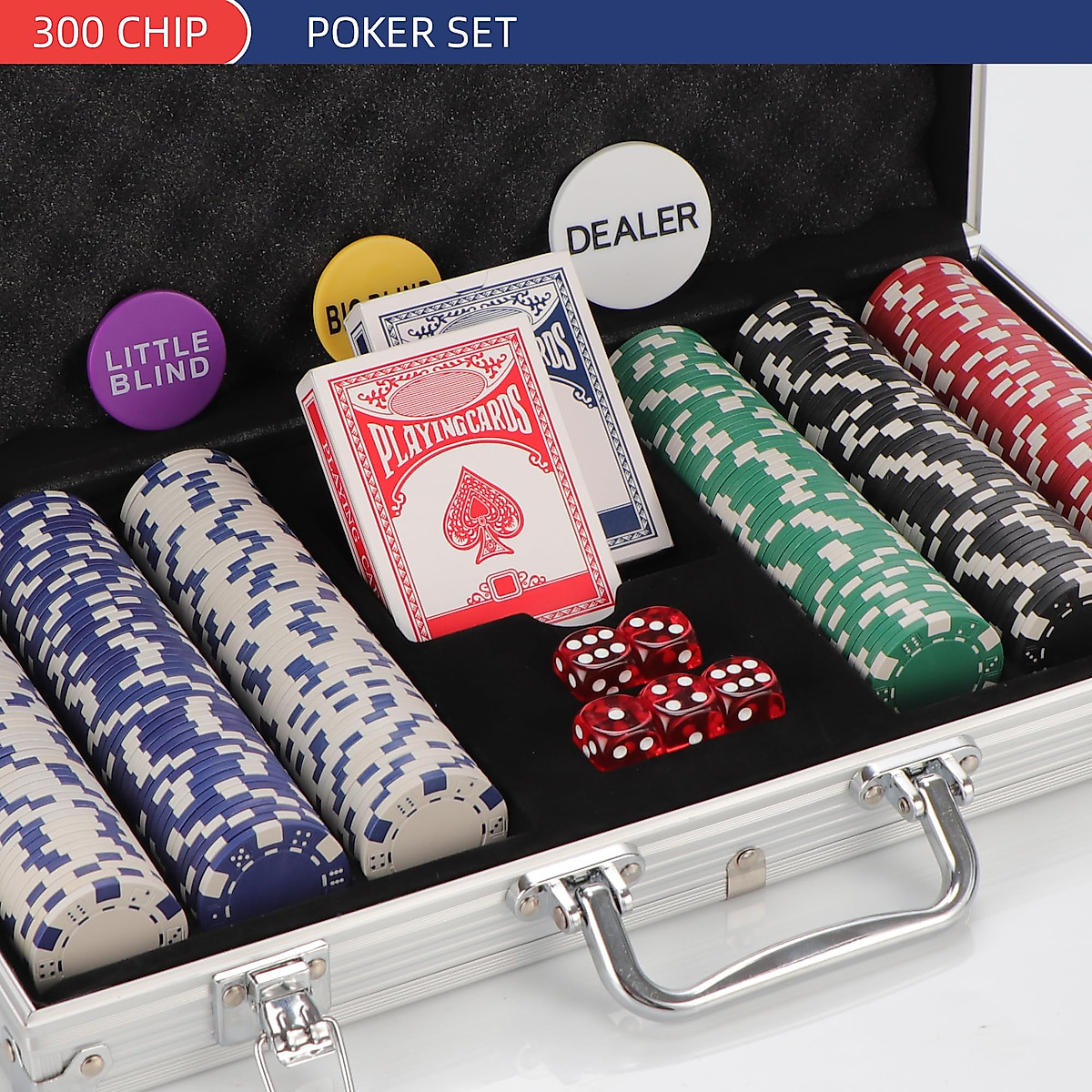 LUOBAO 300Pcs Poker Chips Set for Texas Holdem,Blackjack, Tournaments with Aluminum Case,2 Decks of Cards, Dealer, Small Blind, Big Blind Buttons and 5 Dice,11.5 Gram