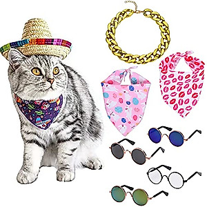 9 Pieces Funny Dog Cat Costume,Puppy Hat,Straw Hat for Cat,Color Changing Glasses for Cat,Dog Scarf,Artificial Gold Necklace for Small Dog and Cat