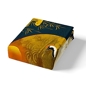 Japanese Crane Duvet Cover Set Queen Size,Gold Sun Cloud Stripes Bedding Set 3Pcs,Retro Ukiyoe Leaf Print Comforter Cover for Adult Women Men Room Decor,Wild Animals Quilt Cover,2 Pillowcases