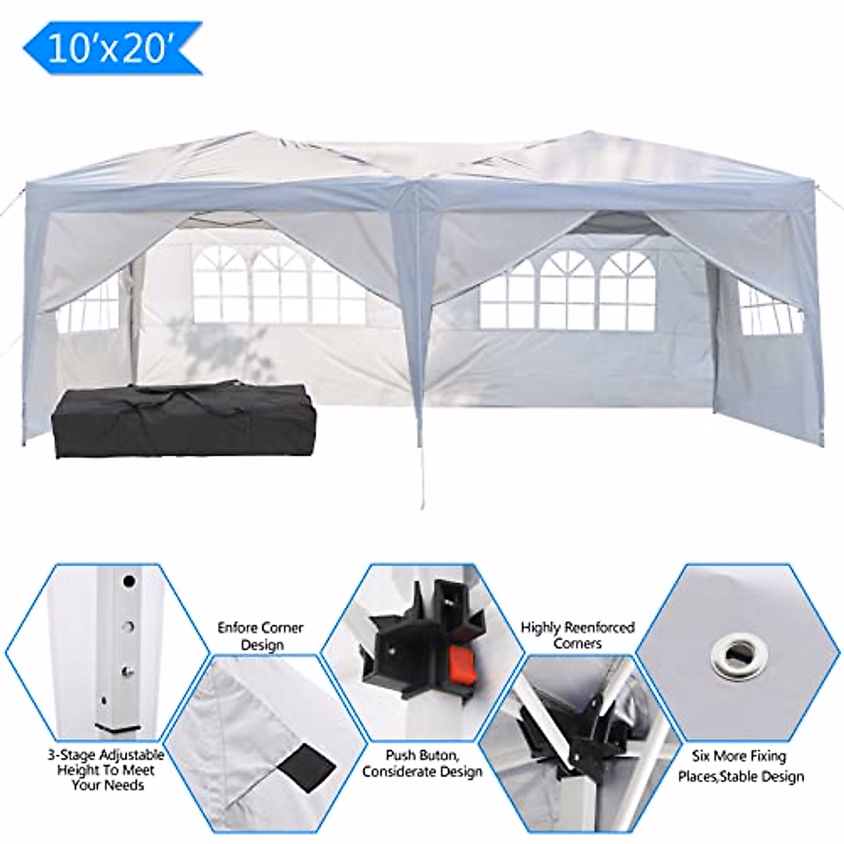 Outvita 10x20ft Pop Up Canopy with 6 SideWalls, Ez Pop Up Portable Instant Canopy Tent for Outdoor Events, Party, Wedding, Birthday,Graduation (White)
