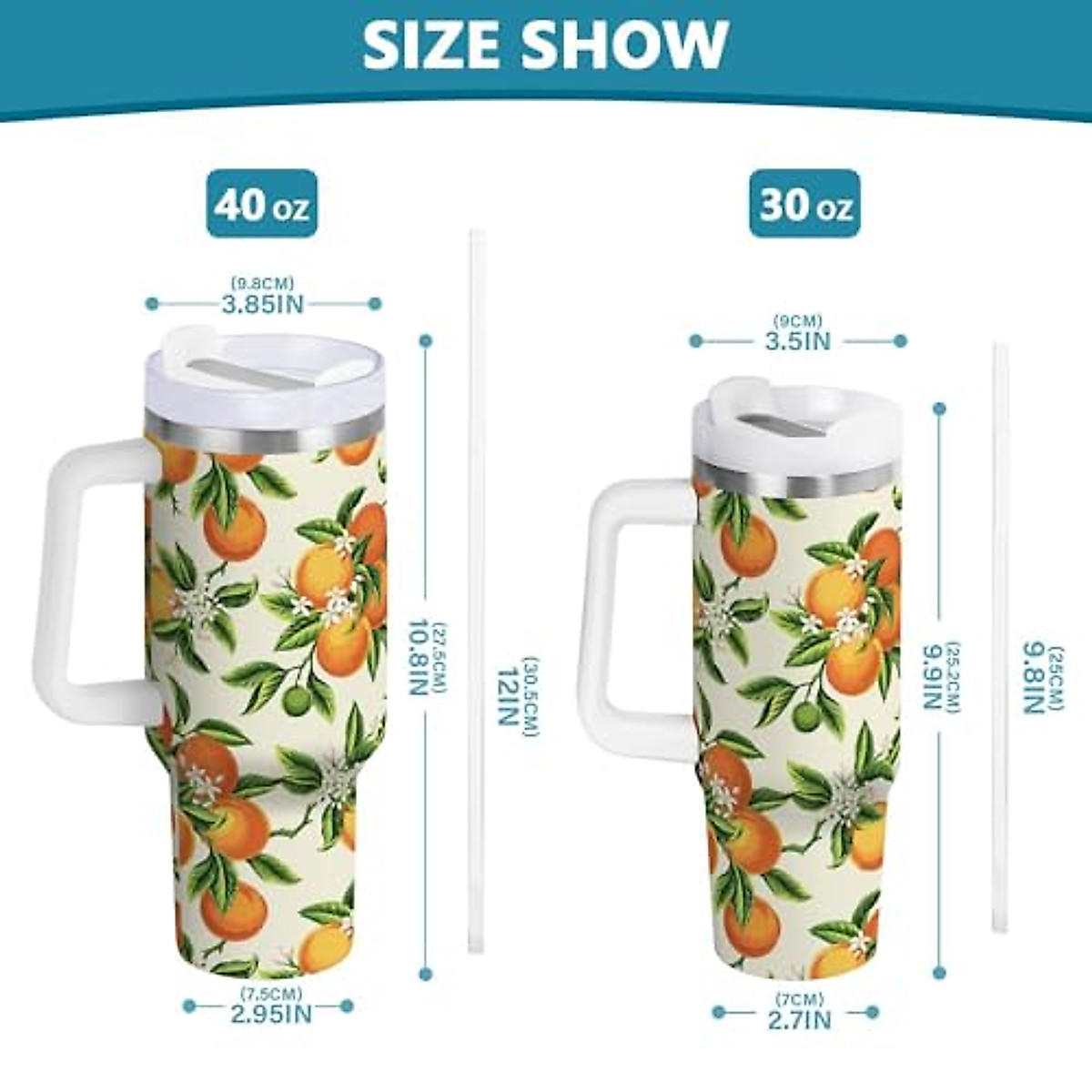 ZZXXB Orange Florals Insulated Stainless Steel Water Bottle with Handle and Straw Lid Double Walled Travel Mug 40 oz