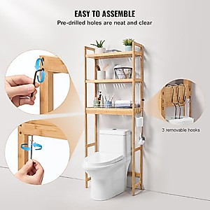 VEVOR Over The Toilet Storage, 3-Tier Adjustable Over Toilet Bathroom Organizer, Bamboo Storage Shelf Rack with 3 Hooks, Freestanding Easy Assembly Laundry Space Saver, Fit Most Toilets