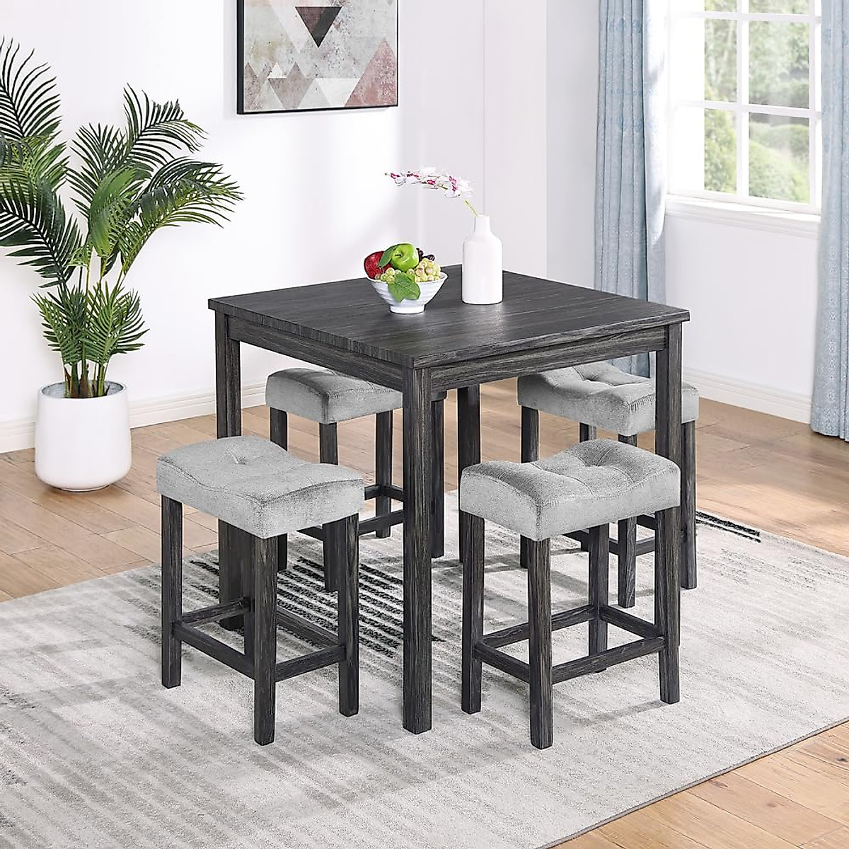 Yone jx je Dining Table, Bar Table and Chairs Set, 5 Piece Dining Table Set, Industrial Kitchen Table and Chairs for 4,Breakfast Table Set, for Living Room, Dining Room, Game Room (Black+ Gray)