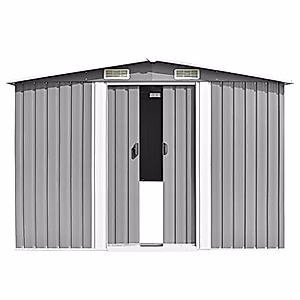 FAMIROSA Garden Storage Shed with Vents Metal Steel Double Sliding Doors Outdoor Wood Storage Shed Patio Lawn Care Equipment Pool Supplies Organizer 101.2"x154.3"x71.3" Metal Gray