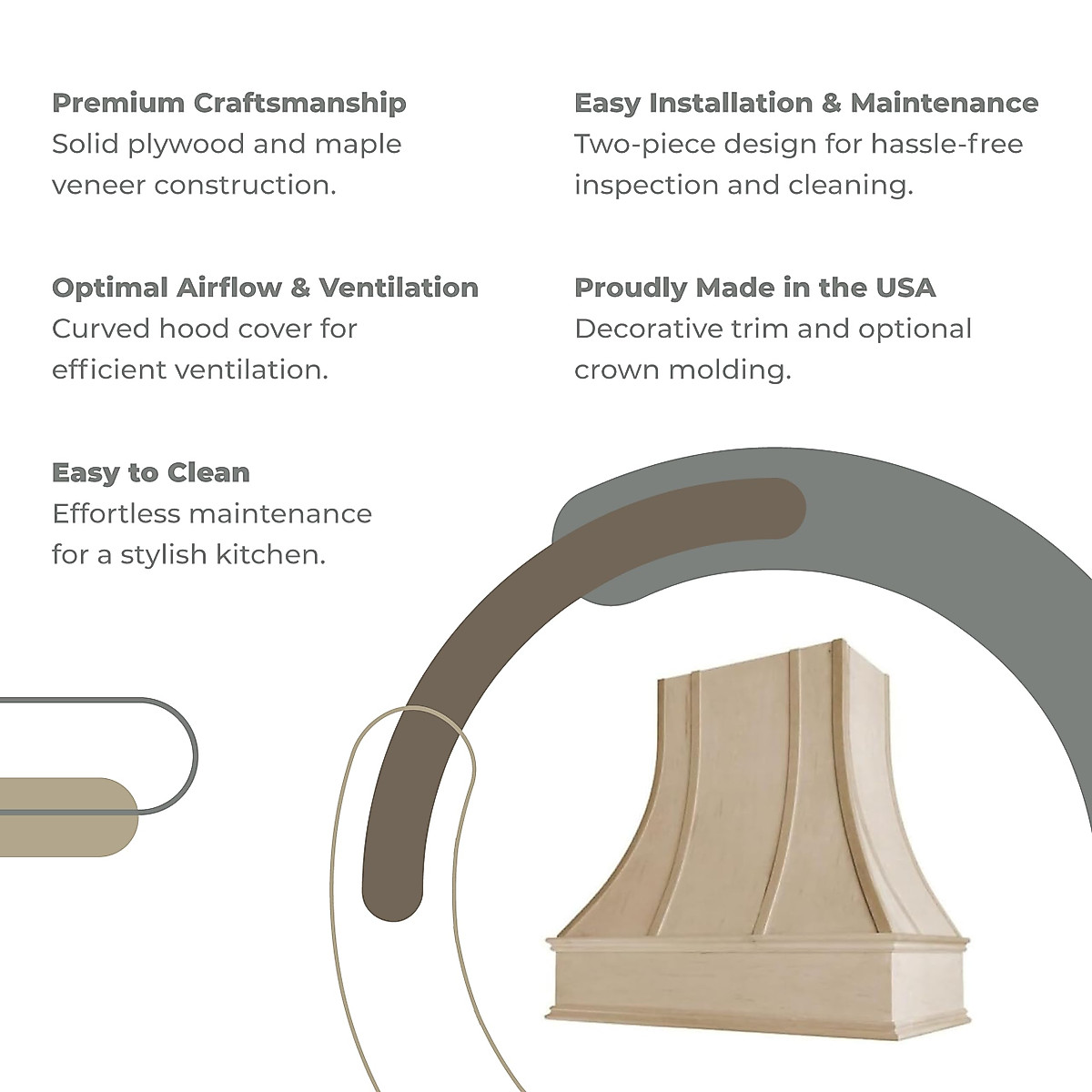 Riley & Higgs Curved Front Unfinished Range Hood Cover With Decorative Molding - Wall Mounted Wood Range Hood Covers, Plywood and Maple (31.5 W x 36 H inches)