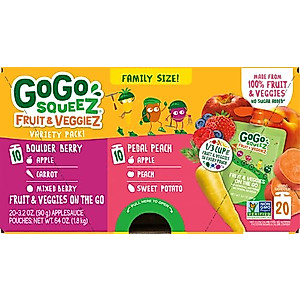GoGo SqueeZ Fruit & VeggieZ Variety Pack, Pedal Peach and Boulder Berry, 3.2 oz (Pack of 20), Unsweetened Snacks for Kids, Gluten Free, Nut Free, Dairy Free, Recloseable Cap, BPA Free Pouches