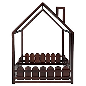 BIADNBZ Full Size House Floor Bed with Roof, Wooden Montessori Bedframe with Fence, for Kids Teens Bedroom, Slats are not Included, Espresso