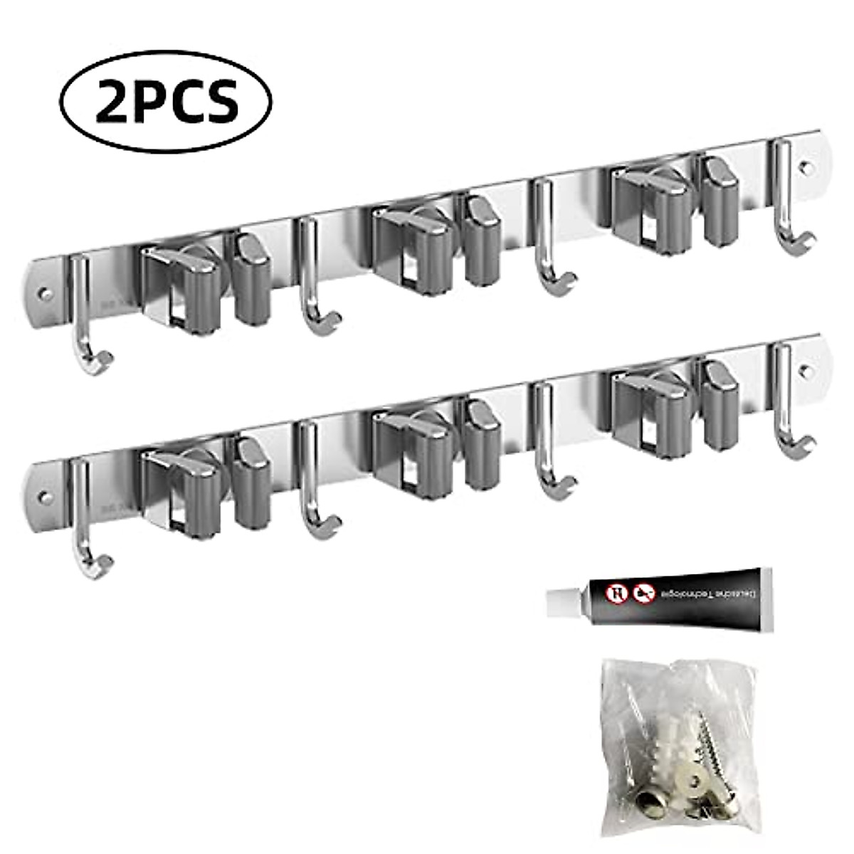 dsfen 2 Pcs Broom Holder Wall Mount Stainless Steel Mop Holder Broom Hanger Heavy Duty Broom Holder for Laundry Room Garden Garage Bathroom (3 Racks 4 Hooks)