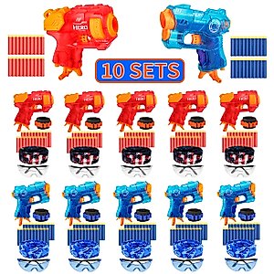 Banvih 10 Small Gun Set for Nerf Party Supplies and Favors, Suitable for Boys' Birthday Bulk Nerf War Party Pack Bundle - Equipped: 10 Mini Pistol Blasters, Goggles, Masks, Wristbands, 200 Foam Darts