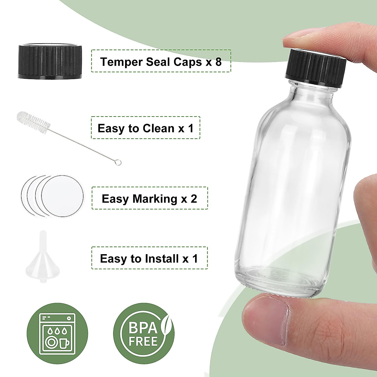 CUCUMI 8pcs Glass Bottles with Caps, 2oz Small Glass Juice Bottles, Shot Bottles with Caps, Small Glass Jars with Lids, Funnels, Waterproof Stickers and Brush