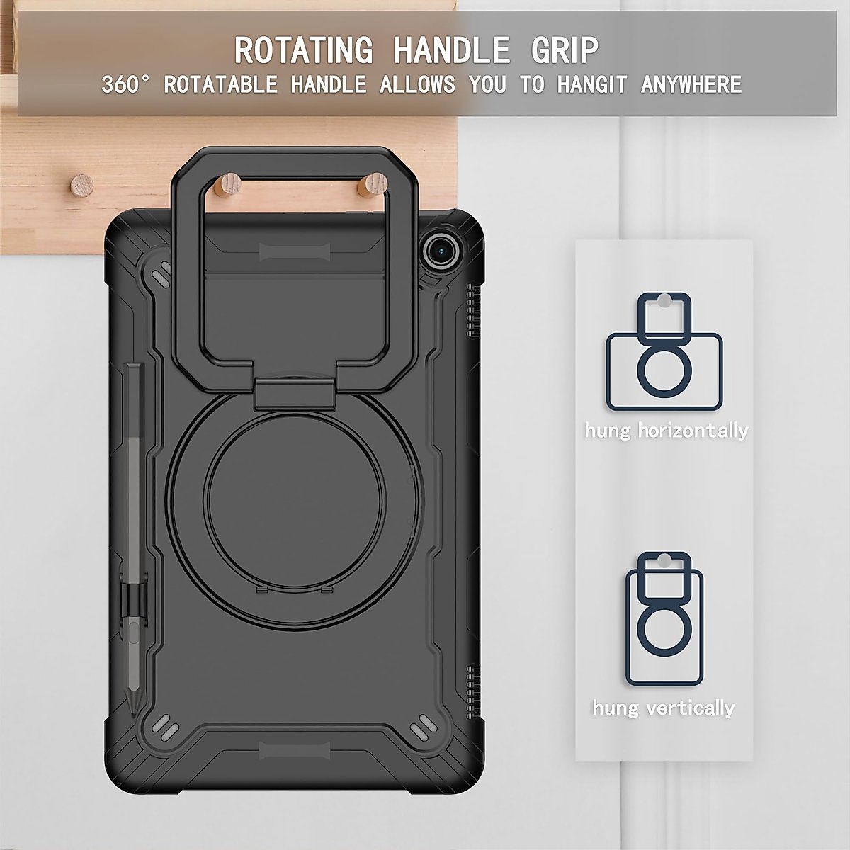 zukof Case for Amazon Fire Max 11 inch Tablet (13th Generation, 2023 Release) Hybrid Shockproof 360 Rotating Multi-Functional Ring Stand Case with Shoulder Straps (Black/Black)