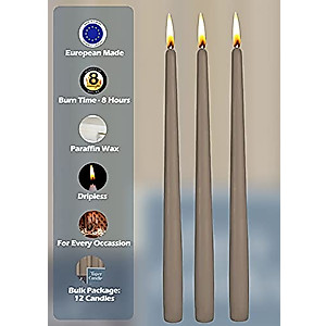 12 Pack Tall Taper Candles - 10 Inch Taupe Gray Dripless, Unscented Dinner Candle - Paraffin Wax with Cotton Wicks - 8 Hour Burn Time