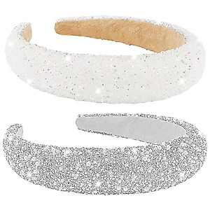 AHONEY 2 Pack Rhinestone Headband for Women Girls, Glitter Sequin Beaded Pearls Padded Headbands for Women Prom Wedding Sparkly Hair Bling Birthday Hair Accessories (Silver&White)