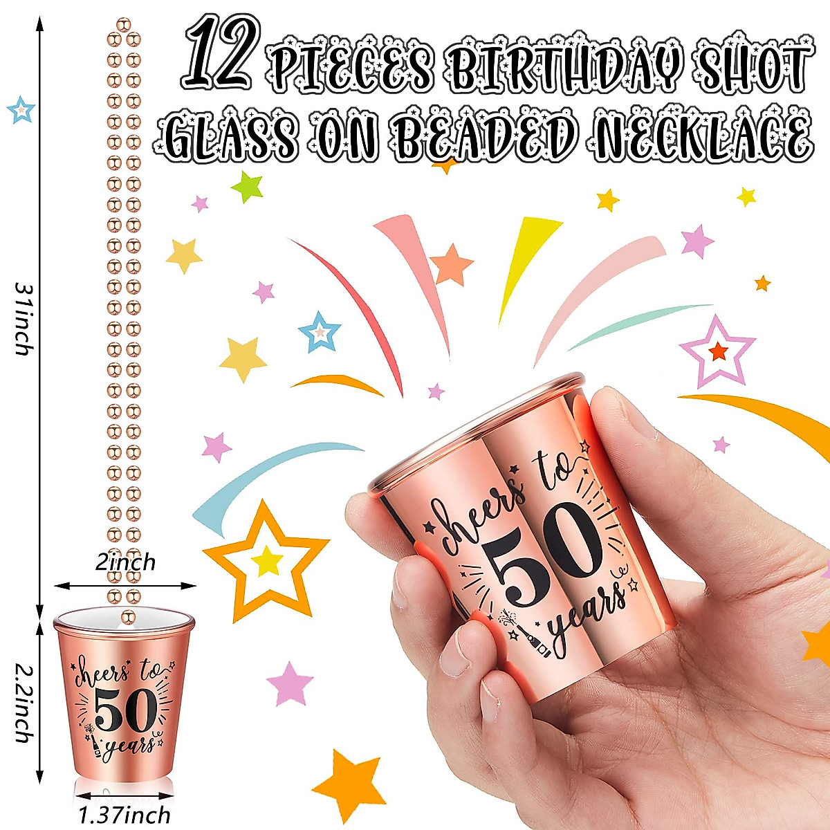 Uiifan 12 Pieces 40th 50th 60th Shot Glasses Necklace Birthday Plastic Cups Necklace on Beaded for Birthday Party Anniversary Supplies, Black and Rose Gold(50th)