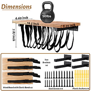 Floating Wooden Bookshelves for Wall, Elastic Bands Hanging Book Holder, Book Handmade Storage Organizer, Burlywood Bookshelf with Metal Brackets Wall Mount, 2-Pack