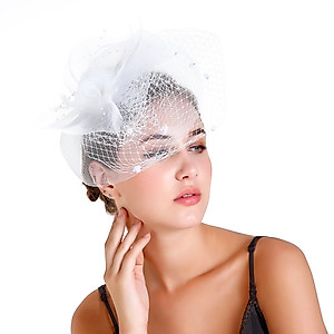 Women Cocktail Tea Party Flower Headwear Birdcage Pillbox Hat Wedding Veil Vintage Fascinator with Feather White