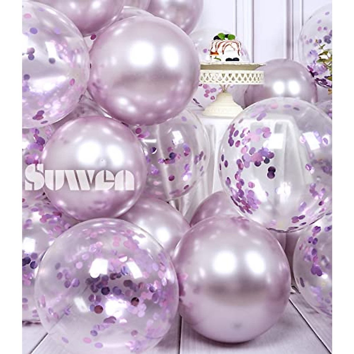 SUWEN Metallic Lavender Balloons and Confetti Balloons Set 47PCS Latex Helium Chrome Light Purple Balloon for Birthday Anniversary Party Decorations