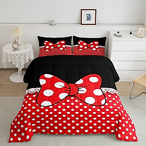 Homewish Bowknot Comforter Set Twin Size,White Dots Bedding Set 2pcs for Kids Teens Girls Boys Room Decor,Romantic Princess Style Quilt Set Red and Black Duvet Insert with 1 Pillowcase