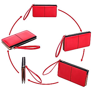 Bonaweite Women's Wristlet Clutches Leather Wallet Purse Cards Holder Red