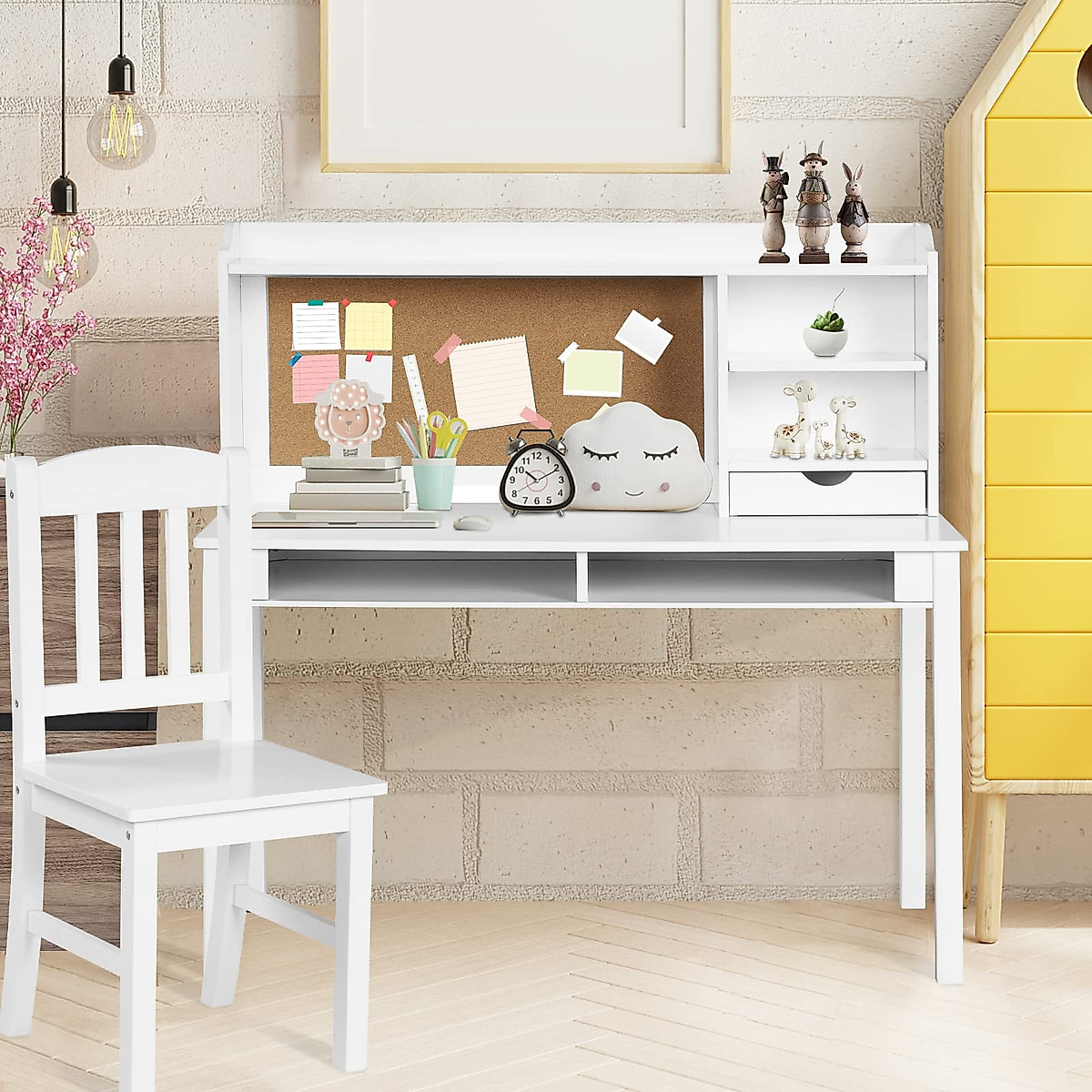 Costzon Kids Desk and Chair Set, Children Study Writing Desk w/Chair, Hutch, Storage, Drawers, Shelves, Cork Bulletin Board, Student Wooden Computer Workstation for Bedroom, Study, Living Room, White