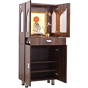 The Mandir Store Wooden Mandir with Doors Led Lights Storage Cabinet in Walnut Colour