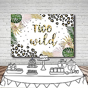MEHOFOND Two Wild Backdrop for Girls Leopard Pink Jungle Safari Theme 2nd Birthday Party Decoration Background Tropical Leaves Leopard Print Cake Table Banner Supplies 7x5ft