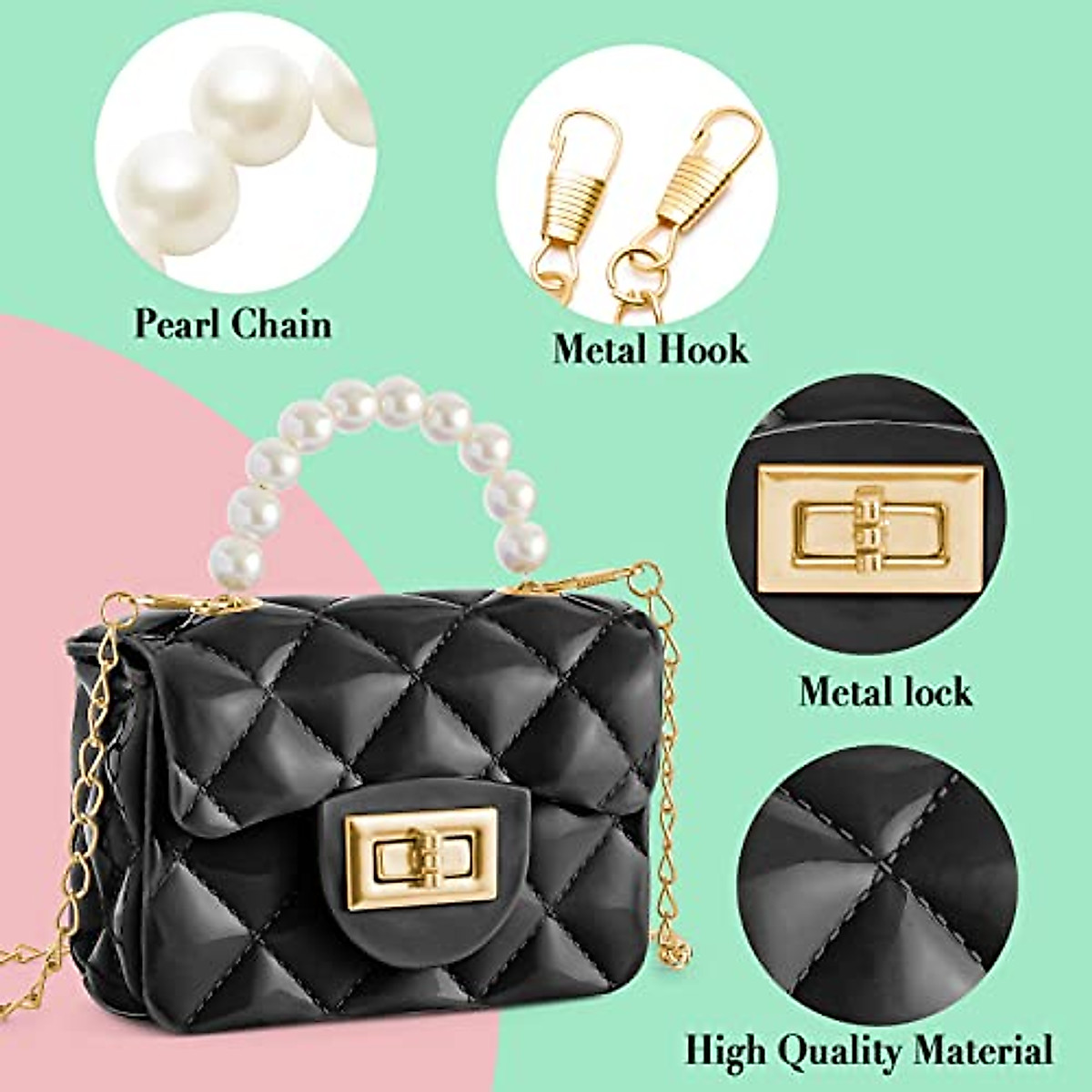 AUGUST 18 Mini Little Girls Purses, Toddler Purse For Girls, Fashion Crossbody Purse Handbag For Kids With Gold Chain Pearl Handle (Black)