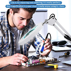 LANCOSC 2-in-1 Magnifying Glass with Light and Stand, 5X Real Glass Lens 3 Color Modes Stepless Dimmable, Adjustable LED Lighted Magnifier Desk Lamp with Clamp for Reading, Crafts, Close Works - White