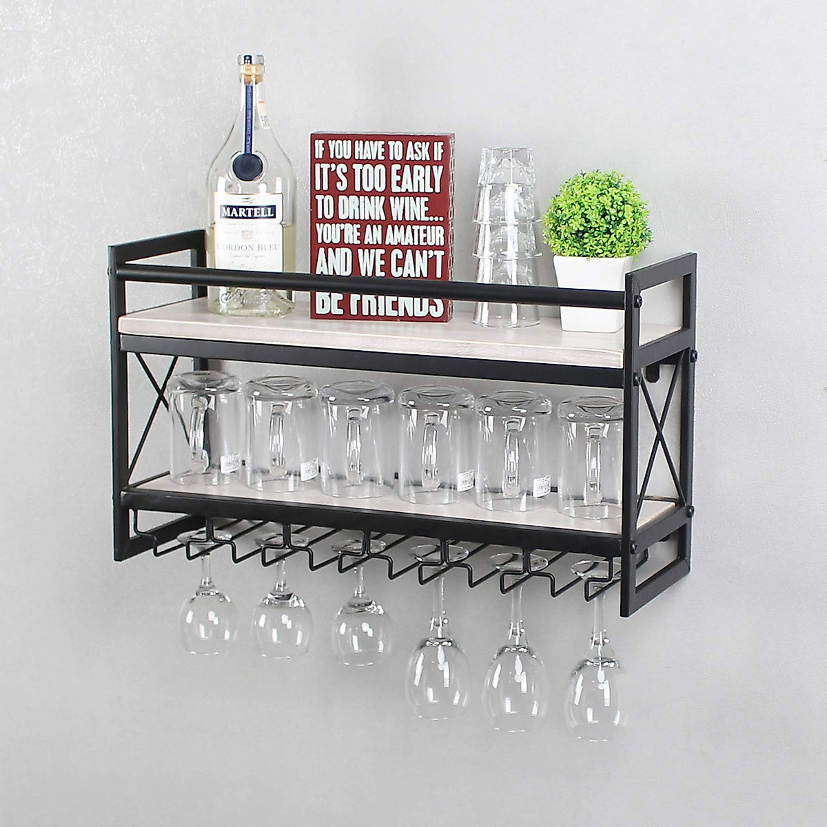 MBQQ Wine Rack Stemware Glass Rack,Industrial 2-Tier Wood Shelf,24in Wall Mounted Wine Racks with 6 Glass Holder for Wine Glasses,Mugs,Home Decor,Black