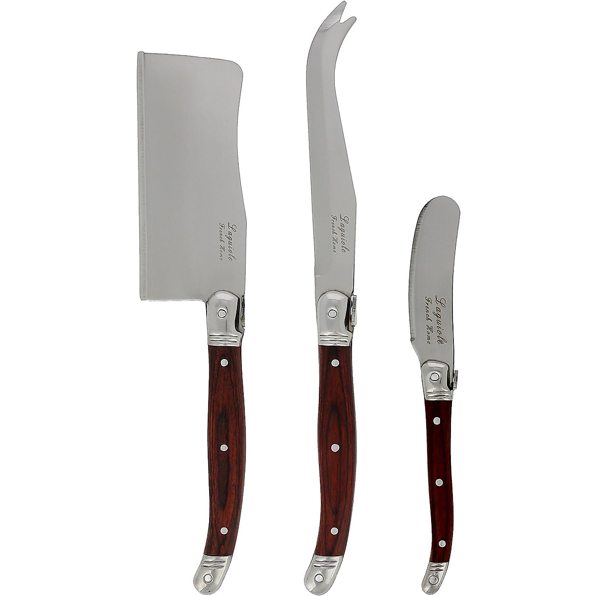 Laguiole Cheese Knife Set of 3 – Charcuterie Accessories w/Pakkawood Handles – Includes 6.25" Cheese Spreader, 9.25" Spear & 8.5" Cleaver Knife