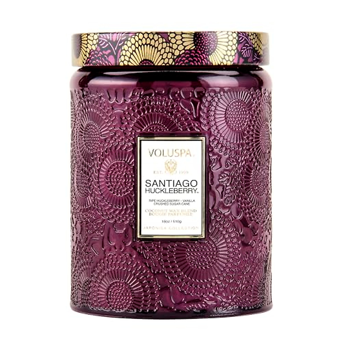 Voluspa Santiago Huckleberry, Large Candle Jar, 18 oz, 100 Hour Burn Time, All Natural Wicks and Coconut Wax for Clean Burning, Vegan, Poured in the USA