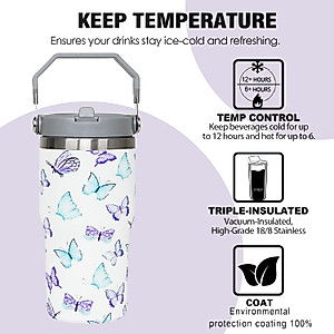 Hachishun Butterfly Tumbler with Handle,Stainless Steel Vacuum Insulated Flip Straw 20oz Butterfly Tumbler Spill Proof Coffee Travel Mug Butterfly Gifts