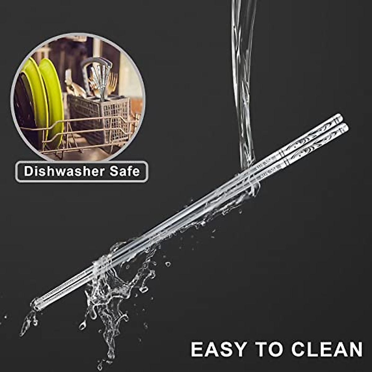 5 Pairs Stainless Steel Chopsticks JOMUCO Reusable Metal Chopsticks Dishwasher Safe Laser Engraved Pattern Chinese Korean Japanese Chopsticks Gift Set Easy to Use and Clean (Silver)