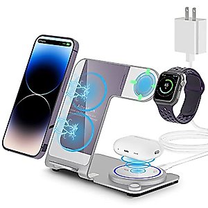 Wireless Charger, Aluminum Alloy 3 in 1 Wireless Charging Station for Apple iPhone/iWatch/Airpods,iPhone 14,13,12,11 (Pro, ProMax)/XS/XR/XS/X/8(Plus),iWatch8/7/6/SE/5/4/3/2,AirPods 3/2/pro