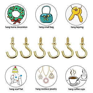 LANSEYQO Mini Ceiling Screw Hooks, 50 Pcs (3/4 inch) Hanging Cup Hooks Brass Plated Screw-in Hooks for Hanging Plants Mug Arts Decorations, Gold