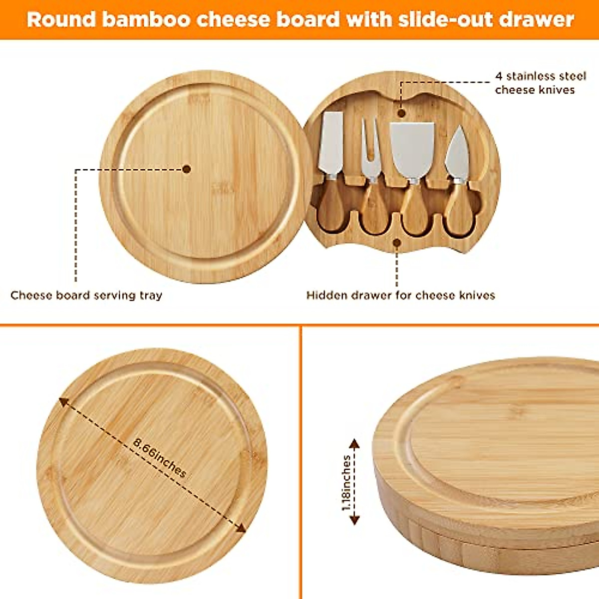 Bamboo Cheese Board and Knife Set,Round Charcuterie Board Set with 4 Knives,Cheese Board Set with Slide-Out Drawer,House Warming Gifts New Home