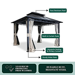 UXZDX 12 Ft. X 10 Ft. Black 2-Tier Double Roof Metal Hard Top Gazebo with Curtains and Netting