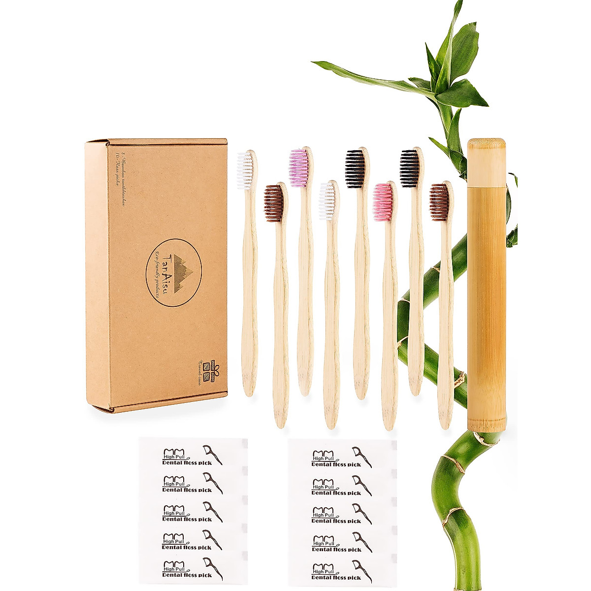 TanAisu Bamboo Toothbrushes with 10 Floss Picks, Travel Case - Biodegradable Toothbrushes (2 Brown, 2 Black, 2 White, 1 Purple, 1 Fuchsia) & Dental Floss Picks| Cover