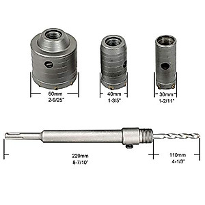 Concrete Hole Saw Kits, Tungsten Steel SDS Plus Shank Wall Hole Cutter Cement Stone Drill Bit Sets 1-2/11, 1-3/5, 2-4/5 Inch(30, 40, 60mm), with 8-7/10 Inch(220mm) Connecting Rod, 3 Center Drill Bits