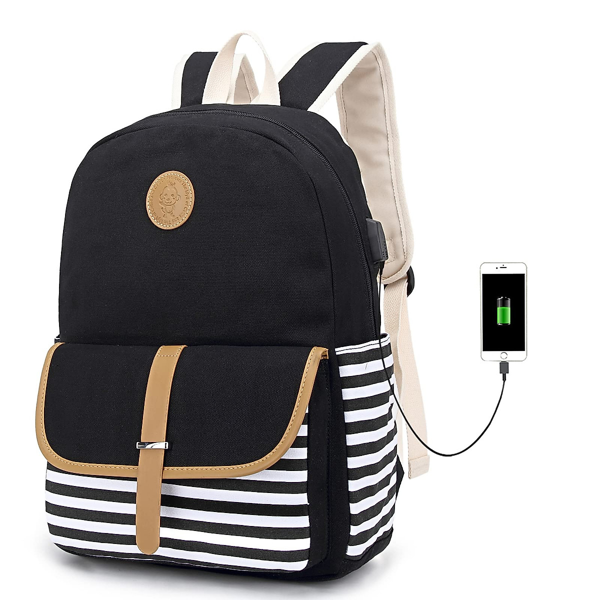 EZYCOK School Backpacks for Teen Girls Women, Lightweight Cute Bookbag Canvas Laptop Backpack with USB Charger Port, Travel Backpack for Girls