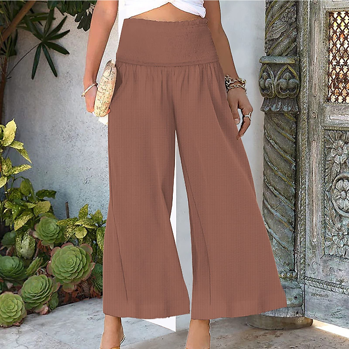 High Waist Wide Leg Pants for Women Summer Casual Loose Smocked Palazzo Pant Comfy Lounge Pajama Flowy Trousers