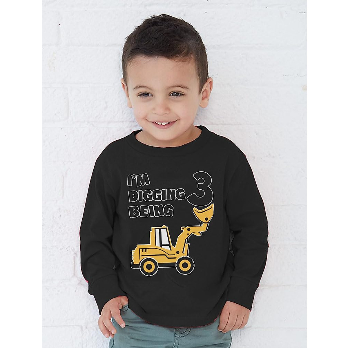 Bulldozer 3rd Birthday Shirt Boy I'm Digging Being 3 Long Sleeve Kids T-Shirt 3T Black