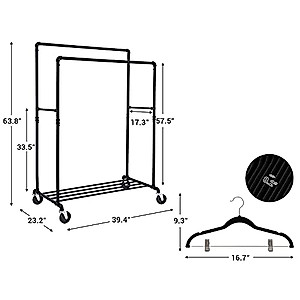 SONGMICS Industrial-Style Pipe Clothes Rack Bundle with 30 Clothes Hangers, Rolling Garment Rack with Bottom Storage Shelf, Velvet Hangers with Adjustable Clips, Black UHSR60B and UCRF12B30