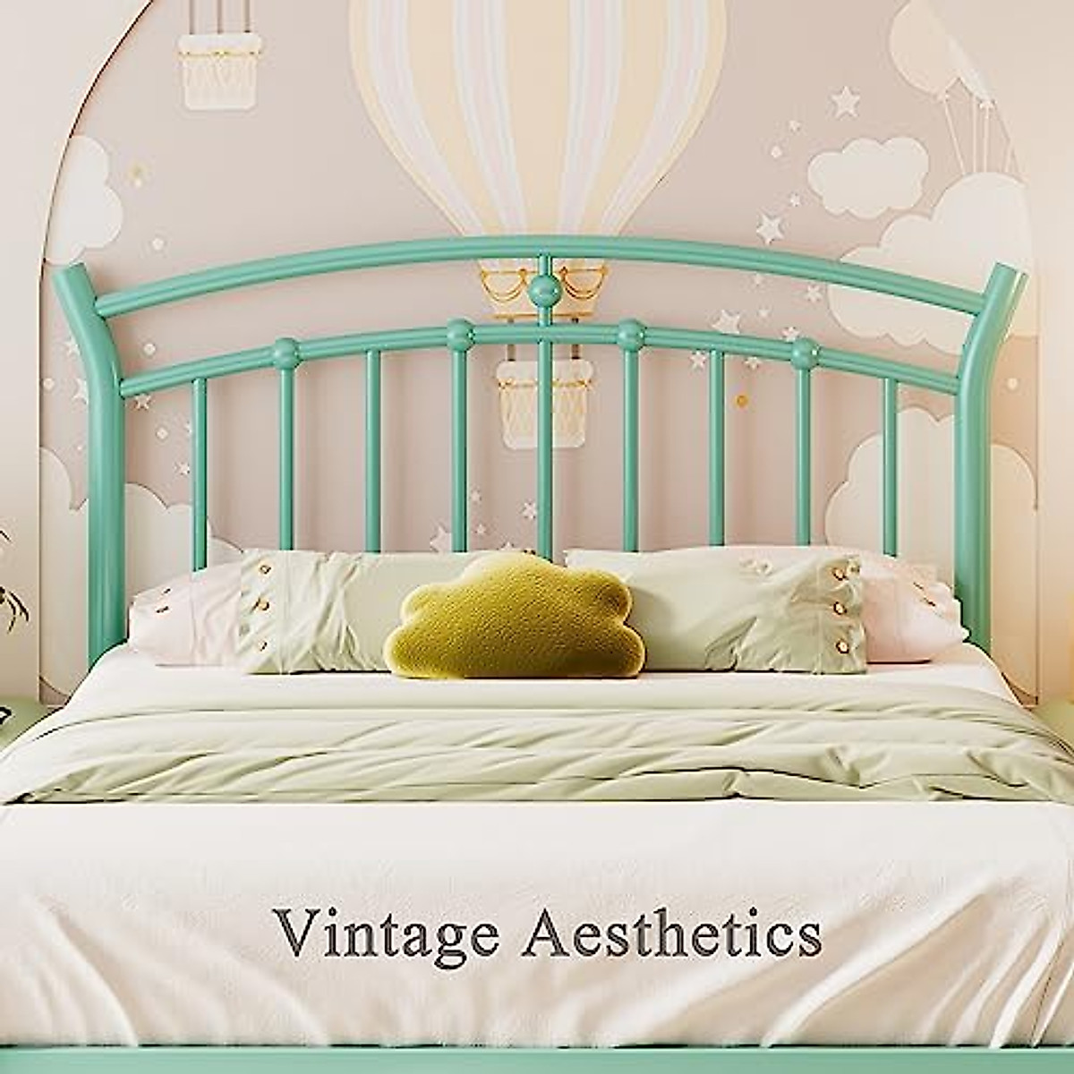 Feonase Twin Size Metal Platform Bed Frame with Retro Headboard, Hardened Steel Tube, 12" Under-Bed Storage, No Box Spring Needed, Easy Assembly, Mint Green