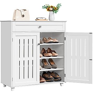 Topeakmart Wood Shoe Cabinet, Shoe Rack with 1 Big Drawer & 4 Storage Shelves, Shoe Storage Cabinet with 2 Louvered Door, for Entryway Living Room, White