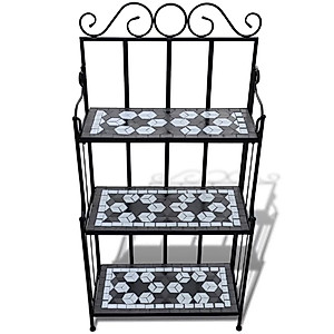 Mogou Plant Stand Display Black White Mosaic Table, Patio Table Decor, Mosaic Table Outdoor, Mosaic Plant Stand Pattern